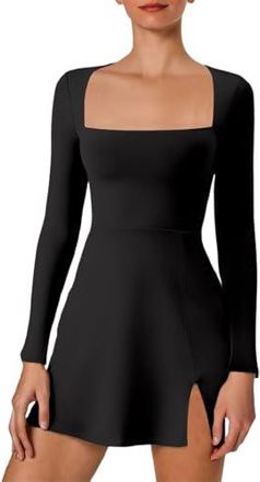 Generic Mini robe moulante en maille &agrave; manches longues et col carr&eacute; avec ourlet fendu pour femme, id&eacute;ale pour les f&ecirc;tes, les clubs, les cocktails, la plage, l