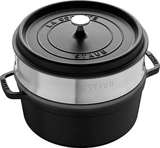 Staub Cocotte en Fonte Émaillée avec Couvercle et panier vapeur, Tous feux dont induction, 4 à 5 personnes, Ronde, 26 cm, 5 L, 7,2 kg, Noir Mat