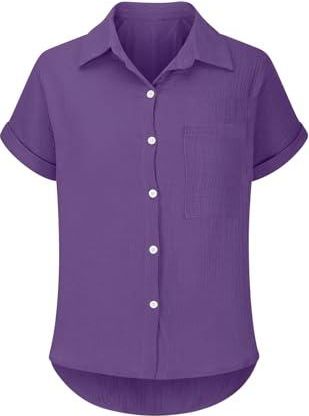 Generic Chemisier à manches courtes et col boutonné pour femme, violet, 4XL