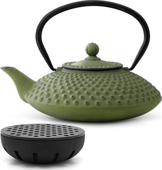 Bredemeijer Teekanne asiatisch Gusseisen Set 1.25 Liter grün Teekessel mit Henkel & Edelstahl Tee-Filter Sieb-Einsatz & gusseisernen Stövchen