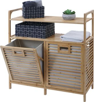 Mendler Bambus Badezimmerschrank HWC-N83, Wäschesammler Regal Badschrank, 2 Wäschekörbe 2 Regalböden FSC-Zertifiziert 88x81x33cm