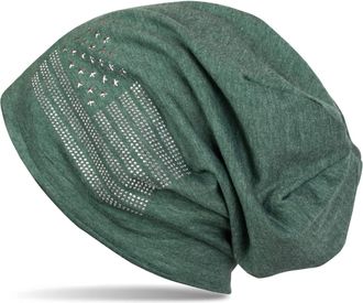 styleBREAKER Beanie M&uuml;tze USA Flaggen Design mit Strass-Applikationen, Unisex, Jersey leicht &Uuml;bergang Fr&uuml;hling Herbst, Farbe:Gr&uuml;n meliert