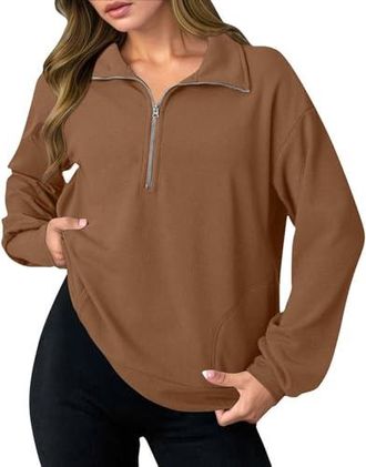Generic Sweat-shirt en tricot &agrave; manches longues avec fermeture &eacute;clair pour femme - L&eacute;ger - Avec poches, marron fonc&eacute;, XXL
