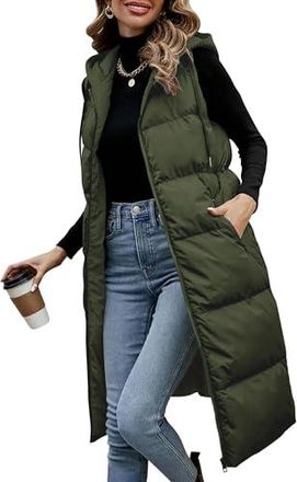 Fengbay Longue Doudoune Sans Manches Femme, L&eacute;g&egrave;re Chaude Gilet Sans Manche avec Capuche,Cordons de Serrage et Poches Lat&eacute;rales Automne et Hiver Manteau Chic