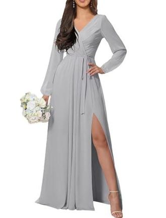 Generic Robe de demoiselle dhonneur à manches longues avec fente plissée en mousseline de soie pour femme, Argenté., 56 Grande taille