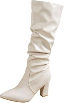Generic Bottes Hautes Femme &agrave; Talon Bloc Cuir PU Pliss&eacute; Bottes Tendance dHiver Bout Pointu &Agrave; Talons Hauts Chic et Elegant Chaussures L&eacute;g&egrave;res D&eacute;contract&eacute;e 36