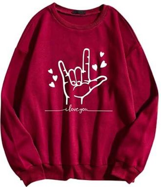 Generic Sweat-shirt &agrave; manches longues et col rond imprim&eacute; coeur I You pour femme, Rouge, XXL