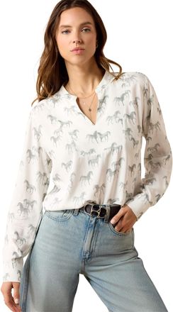 Ariat Womens Thornbeck Blouse Long Sleeve in Grey Horse Print, Size X-Small, by Ariat