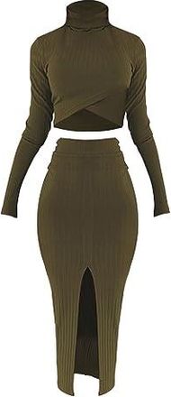 Generic Ensemble jupe et haut 2 pi&egrave;ces - Long et &eacute;l&eacute;gant - Pour femme - Manches longues - Costume formel - Col roul&eacute; - Pull en tricot - Jupe maxi &eacute;troite avec