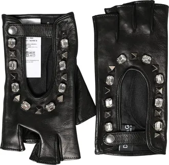 Dolce & Gabbana Women Black Embellished Wrist Length Mitten Gloves Lamb Leather