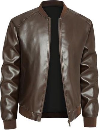 Generic Veste bomber classique en similicuir pour homme avec fermeture éclair intégrale - Coupe ajustée - En polyuréthane, Café - léger, 66