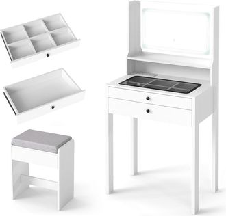 Giantex Schminktisch mit Hocker, Kosmetiktisch mit 3-Farbiger LED-Beleuchtung, Frisiertisch mit Steckdose, Make-up Tisch mit Spiegel & Schublade (Wei&szlig;)