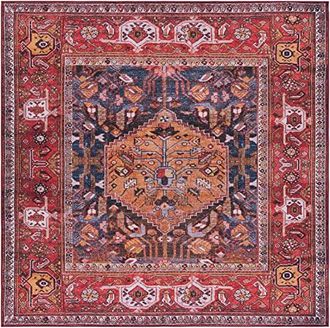 Safavieh Traditionell Teppich für Maschinenwaschbar und rutschfest - Ideal für stark frequentierte Bereiche - Tucson Collection, Kurzer Flor, Rot und Marine Bl