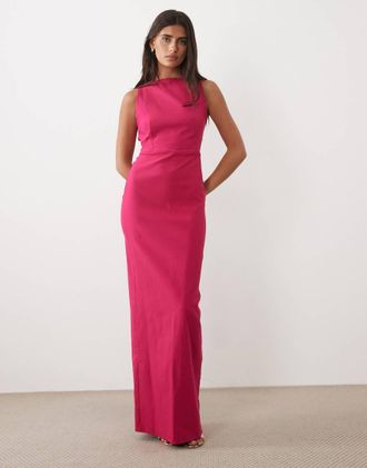 Vesper robe longue &agrave; col montant et dos nu en bengaline fuchsia-Rose