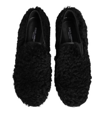 Dolce & Gabbana Dress Black Fur Leather Slippers Men Shoes Lamb+17lf