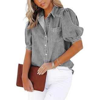 Generic Chemise en jean &agrave; manches courtes pour femme, style d&eacute;contract&eacute;, d&eacute;lav&eacute;, manches bouffantes et boutonn&eacute;es, chemisier en jean 2026, nouveau travail daf