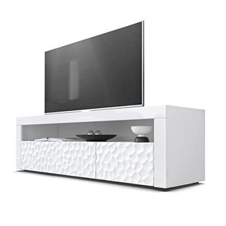 Vladon Buffet Bas Valencia, Meuble TV avec 1 Compartiment Ouvert et 2 clapets, Blanc/Blanc Haute Brillance Calypso Structure 3D/Blanc Haute Brillance (155 x 