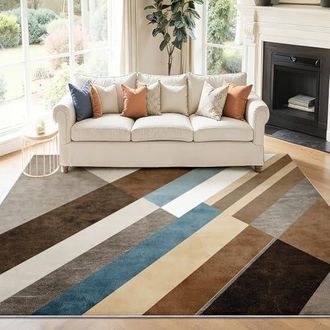 Generic Beige Tapis Salon Petit Tapis, 140 x 200 cm Paillasson Interieur Entree Antid&eacute;rapant, Moderne Abstrait G&eacute;om&eacute;trique Cube Decoration Maison Grand Carpet