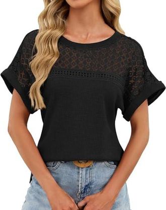 Generic Chemisier d&eacute;contract&eacute; &agrave; manches courtes et col rond pour femme | Chemise d&eacute;t&eacute; l&eacute;g&egrave;re textur&eacute;e pour un usage quotidien, le bureau, les vacances d&eacute;contr