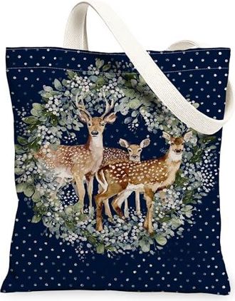 Generic Sacs fourre-tout en toile motif cerf, sacs de courses r&eacute;utilisables, style for&ecirc;t rustique, &eacute;paules lavables pour voyage, ext&eacute;rieur, plage, 33 x 38 cm