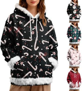 Generic HUIFUAO Sweat à capuche de Noël amusant pour femme, motif sapin de Noël, Père Noël, grande taille, pull à manches longues, bordure en peluche, cadeaux