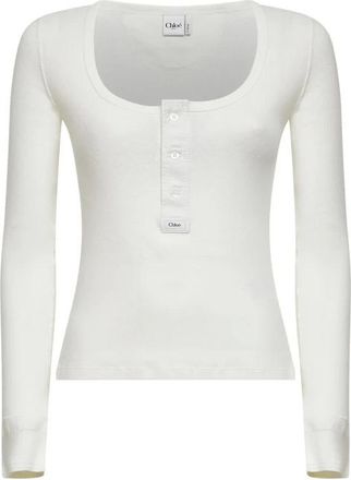 Chlo&eacute; Femme, Tops, Blanc, Taille: 40 FR T-shirt Henley &agrave; encolure d&eacute;gag&eacute;e