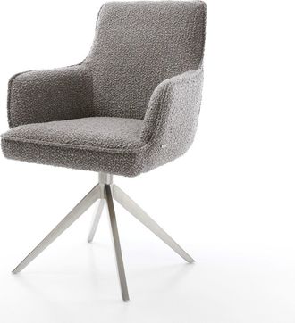 DELIFE Drehstuhl Heira-Flex mit Armlehnen Bouclé Silbergrau Kreuzgestell breit Edelstahl 360° drehbar Wippfunktion Taschenfederkern, Esszimmerstühle
