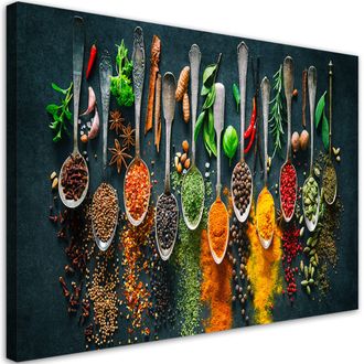 Feeby Vlies Leinwandbild XXL Kr&auml;uter K&uuml;chenbild Gew&uuml;rze 120x80 cm Wandbild 1 tlg Kunst Bilder Schlafzimmer Deko Wohnzimmer Wandbilder L&ouml;ffel Essen Pfeffer C