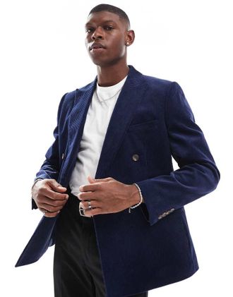 Asos Blazer ajust&eacute; &agrave; double boutonnage en velours c&ocirc;tel&eacute; - Bleu marine