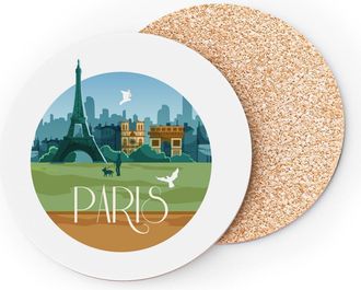 Fabulous Untersetzer aus Glas, rund, Basis Kork, Paris, Landschaft, Stadt, Frankreich, Eiffelturm, 1 Stück (95 x 95 mm)