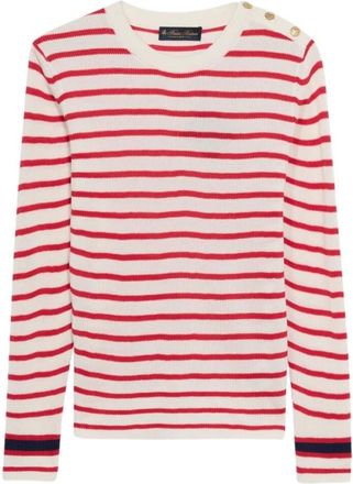 Brooks Brothers Femme, Pulls, Rouge, Taille: 36 FR Pull Ray&eacute; &agrave; Col Rond avec Boutons Dor&eacute;s Logo
