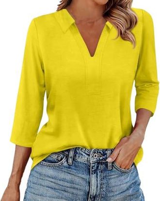 Generic Chemise basique unie à manches longues pour femme - Col en V - Manches 3/4 - Pour le travail dété - Vêtements pour la vie quotidienne - Cadeaux de Noë