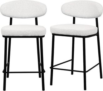 DRAWER Lot de 2 chaises de bar en tissu bouclette, bois et métal H65cm - Écru chiné - Rode