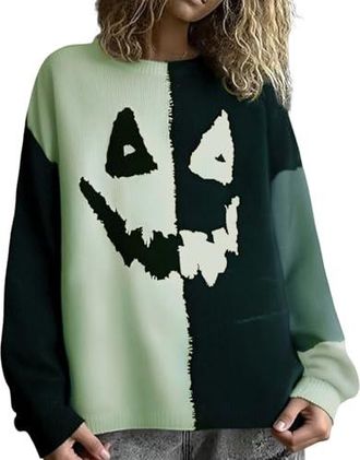 Generic Halloween Sweaters for Women 2025 Spooky Face Print Stitched Cozy Knit Sweater Funny Patchwork Festival Tops