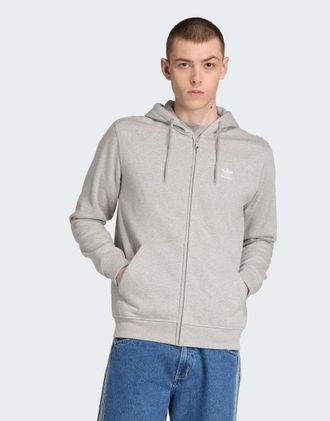 adidas Originals Sweat à capuche à logo trèfle avec fermeture éclair - Gris moyen chiné/blanc