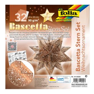 Folia 411/2020 - Bastelset Bascetta Stern Weihnachtsornament, kupfer/weiß, 32 Blatt, 20 x 20 cm, fertige Größe des Papiersterns ca. 30 cm, mit ausführlicher