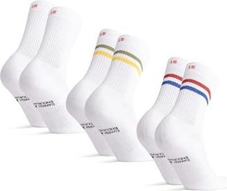 Danish Endurance Chaussettes de Tennis en Coton, Respirantes & Renforcées, Homme Femme, Lot de 3 ou 6, Blanc Multicolore (1x Vert/Jaune Rayures, 1x Rouge/Bleu Rayure, 
