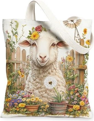 Generic Sac fourre-tout en toile de mouton printanier pour faire du shopping, 33 x 38,1 cm, sac d&eacute;picerie r&eacute;utilisable pour femme, ferme, fleurs sauvages, pla