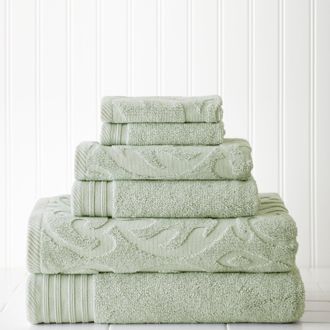 Modern Threads Amrapur 6-Piece Medallion Jacquard/Solid Ultra 550GSM 100% Combed Cotton Towel Handtuch-Set mit verzierten R&auml;ndern, Baumwolle, Gr&uuml;n (Soft Jade), Stand