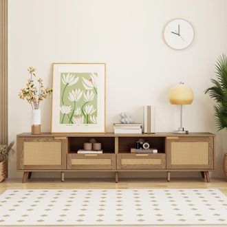 Generic TV-Lowboard im Rattan-Design mit Massivholzfüßen, TV-Schrank mit geflochtenen Fronten, höhenverstellbaren Mittelbeinen und natürlichem Look, geeignet 