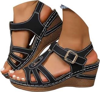 Generic Sandales compens&eacute;es orthop&eacute;diques pour femme 2025 - Sandales d&eacute;t&eacute; habill&eacute;es en li&egrave;ge - Bout ouvert - Sangle de cheville - Style boh&egrave;me - Confortables 