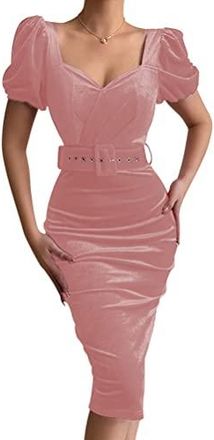 Minetom Femme Élégante Col en V Robe Velours Manche Courte Unie Moulante Affaires Crayon Midi Robe de Soirée Mariage Cocktail D Rose XXL