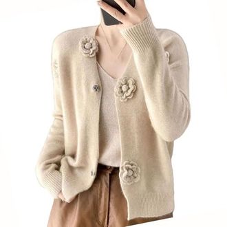Generic Femmes Hiver Col V Tridimensionnel Crochet Fleur Tridimensionnel Cardigan Tridimensionnel Tricot&eacute; Cardigan Veste Tridimensionnelle Trico, beige, Taill