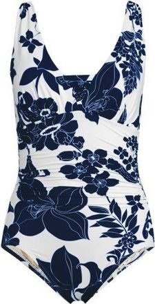 Lands End Gemusterter Shape-Badeanzug mit V-Ausschnitt SLENDER, Damen, Größe:42 regular, Weiß, Elasthan/Nylon-Mischung, by Lands End