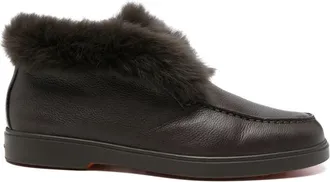 Santoni Shearling-trim Pebbled Leather Loafers