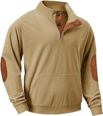 Generic Sweat-shirt d&eacute;contract&eacute; en velours c&ocirc;tel&eacute; &agrave; manches longues pour homme - Col montant - Avec poches - V&ecirc;tement de travail doux avec coude - Confortable