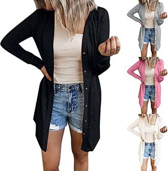 Generic Cardigan long pour femme, cardigan l&eacute;ger et basique boutonn&eacute; avec poches, pull de sortie l&eacute;ger, v&ecirc;tement quotidien, couleur unie, manteaux en tricot &agrave;