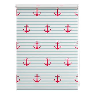 LICHTBLICK Klemmfix Verdunklungs-Rollo mit Motiv, ohne Bohren, Blickdicht, Seitenzugrollo, Made in Germany, Anker gestreift - Türkis Rot 80 cm x 150 cm (B x L)
