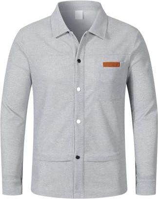 Generic Veste chemise pour homme - Motif gaufr&eacute; - Veste de loisirs &agrave; manches longues avec boutonni&egrave;re - Veste de transition l&eacute;g&egrave;re - Chemise boutonn&eacute;e &agrave; manch