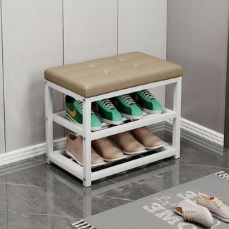 Generic 3-stöckige Schuhbank Mit Stauraum, Sitzfläche Aus PU-Leder Und Metallrahmen, Organizer for Den Eingangsbereich Im Wohnzimmerflur(Beige,50 * 45 * 30cm)